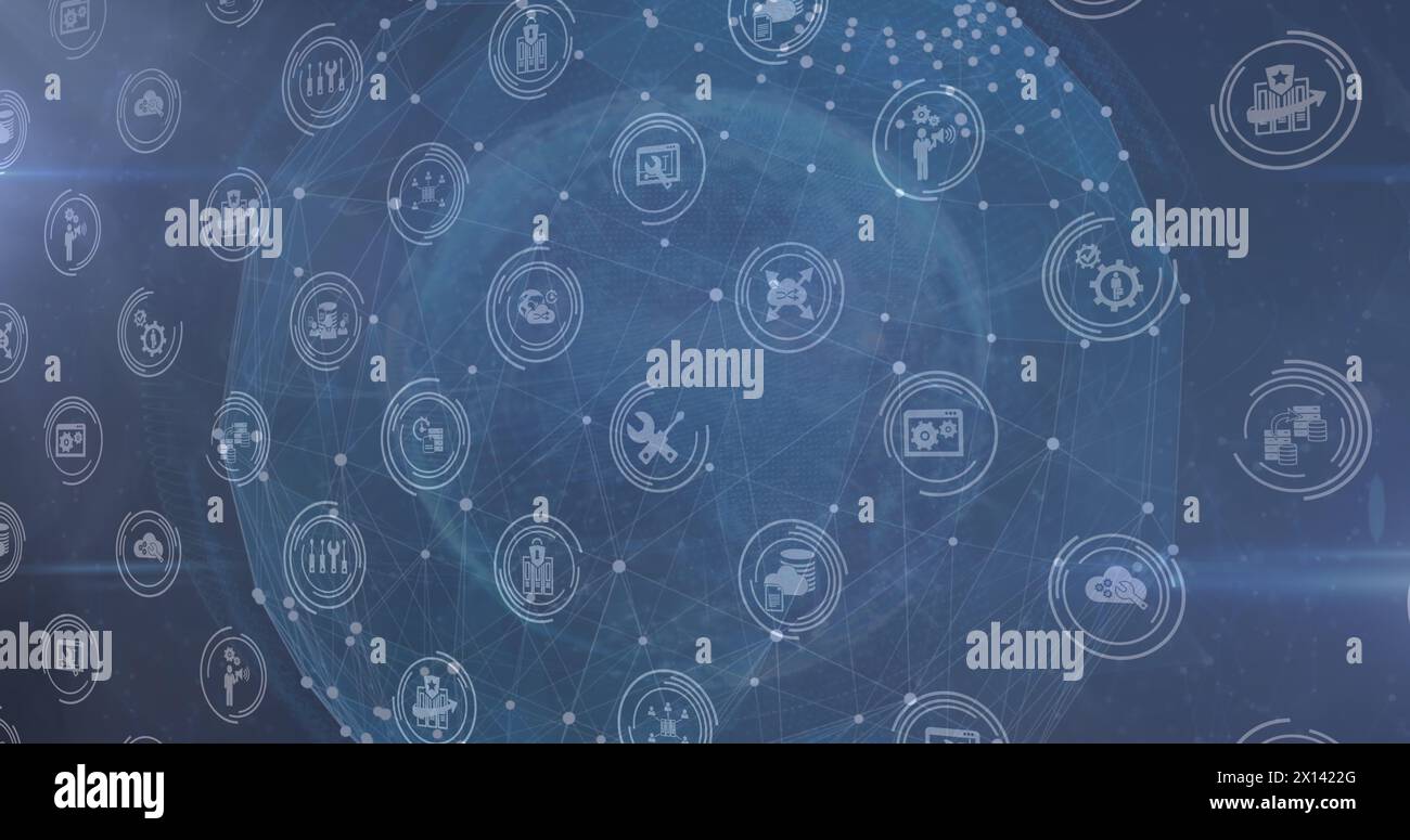 Digital icons in seamless pattern over globe of network of connections ...