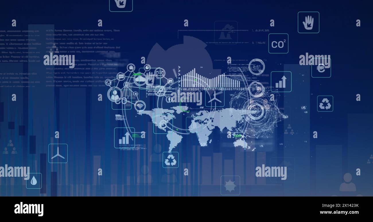 Image of user icons, data processing, world map and financial graphs on blue background Stock ...
