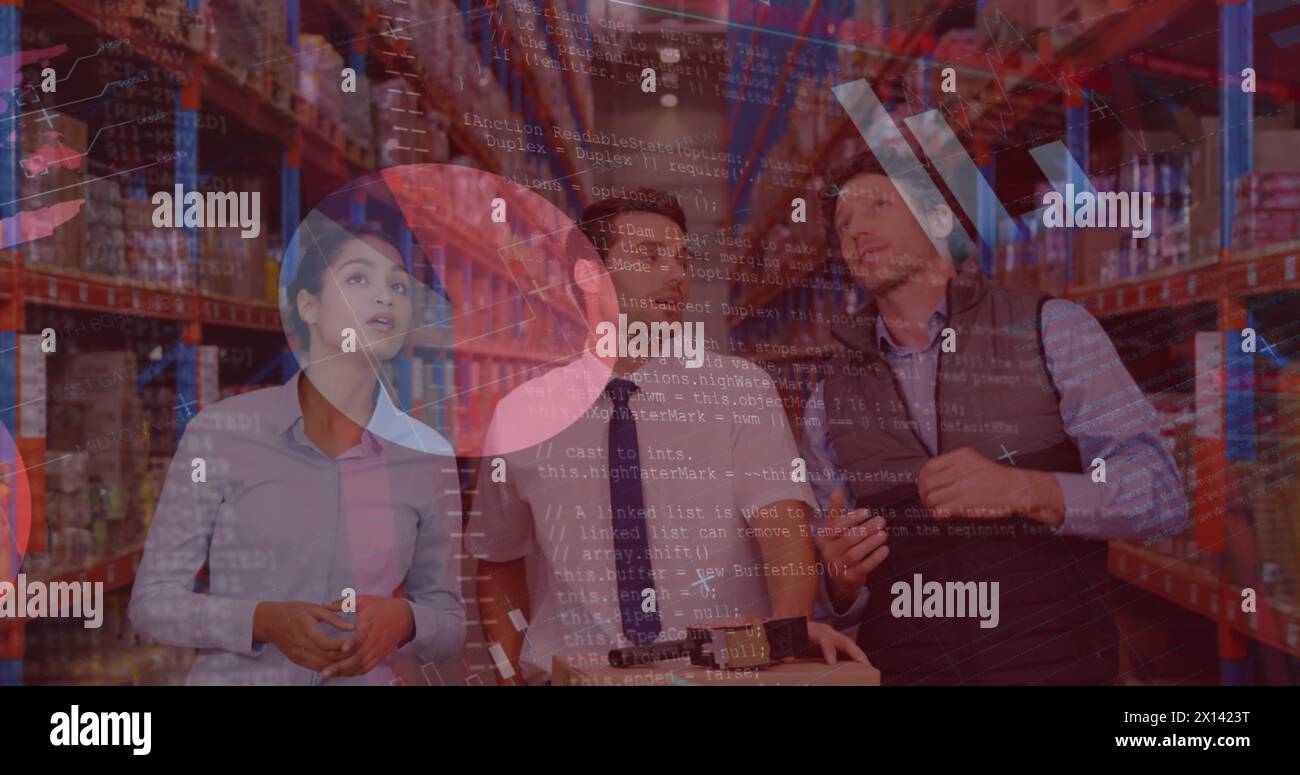 Image of data processing over diverse business people in warehouse ...