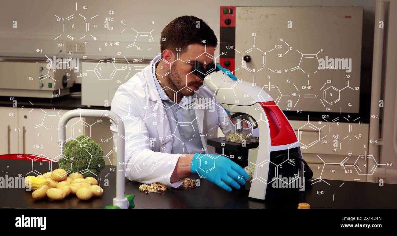 Image of chemical formulas over caucasian male lab worker using microscope Stock Photo - Alamy
