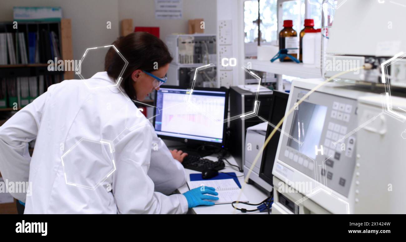Image of chemical formulas over caucasian female lab worker using ...