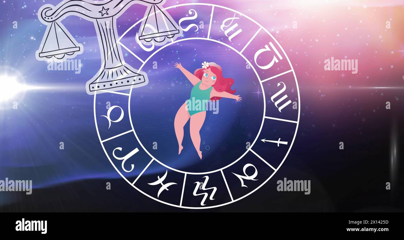 Image of libra over rotating zodiac wheel over cosmos Stock Photo - Alamy