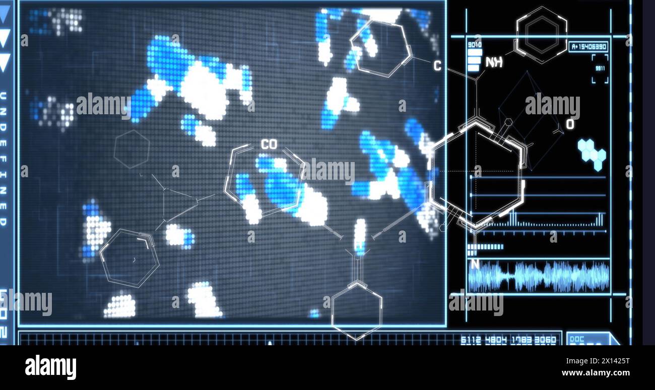 Image of chemical formulas over digital screen with bacteria and data ...