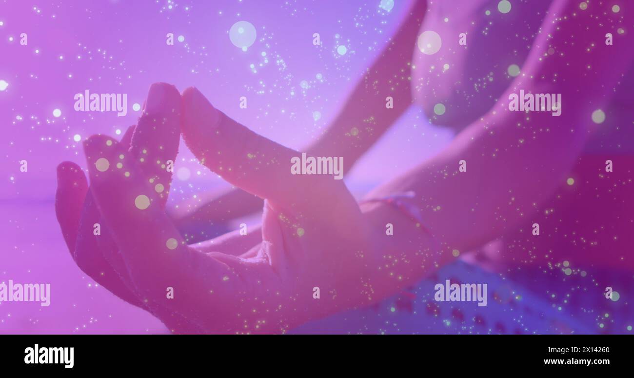 Image of lights and connections over midsection of caucasian woman ...