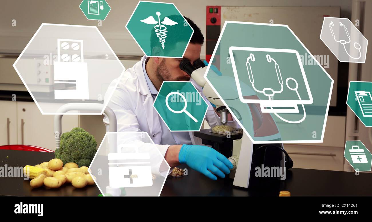 Image of scientific icons in hexagons over caucasian male lab worker ...