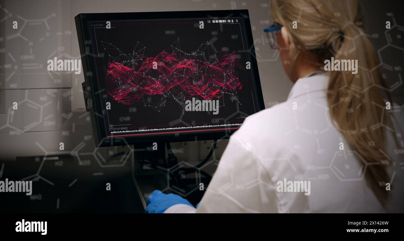 Image of chemical formulas over back view of caucasian female lab ...