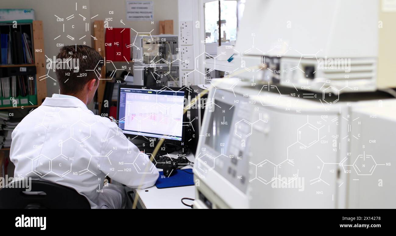 Image of chemical formulas over back view of caucasian male lab worker ...