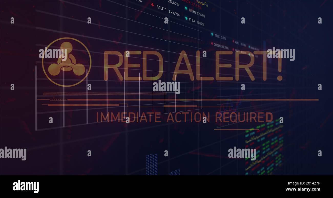 Image of red alert, graphs and financial data over navy background ...