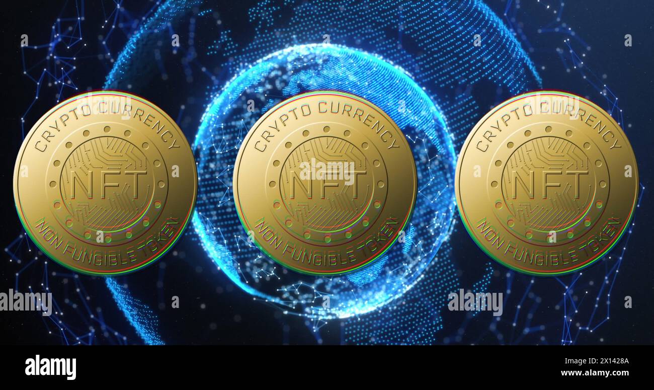 Image of nft text on golden coins and globe over dark background ...
