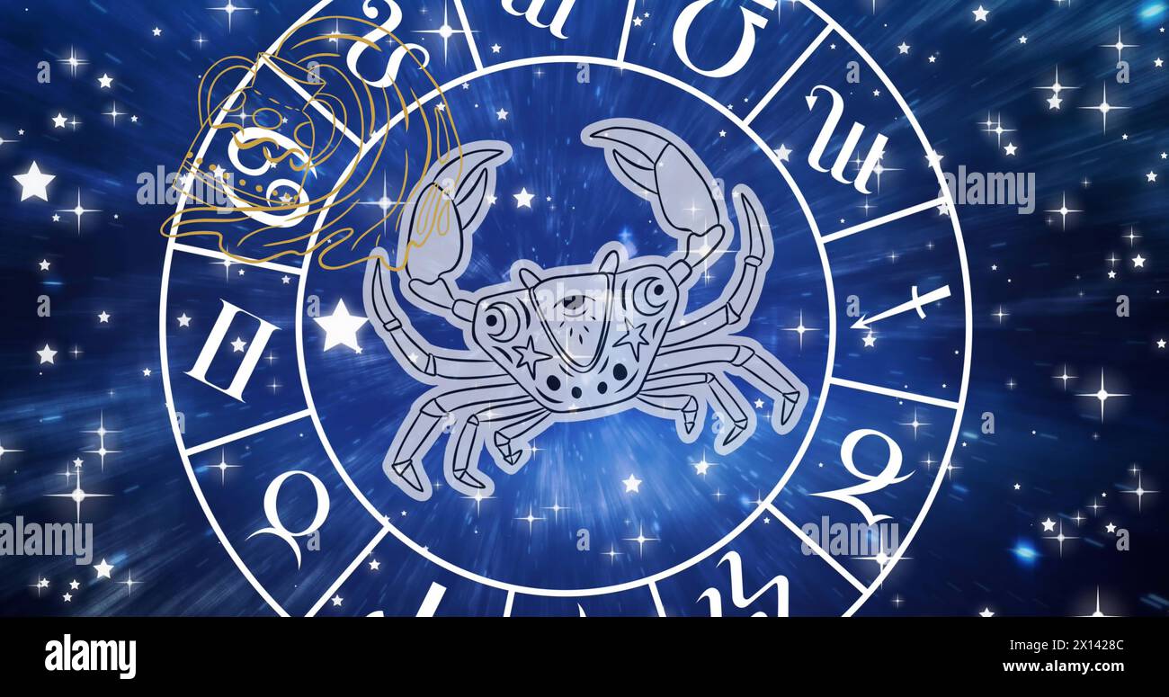 Image of cancer over rotating zodiac wheel over cosmos Stock Photo - Alamy