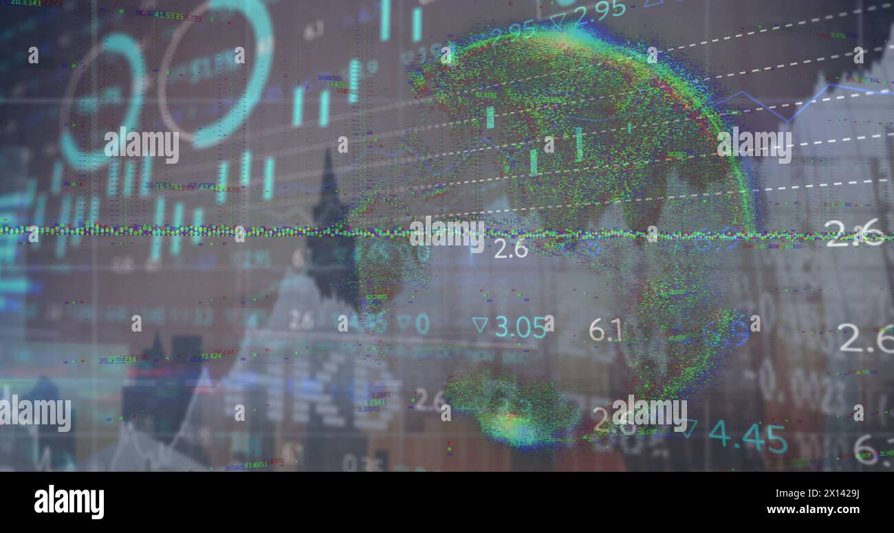 Image of graphs and financial data over globe on grey background Stock ...