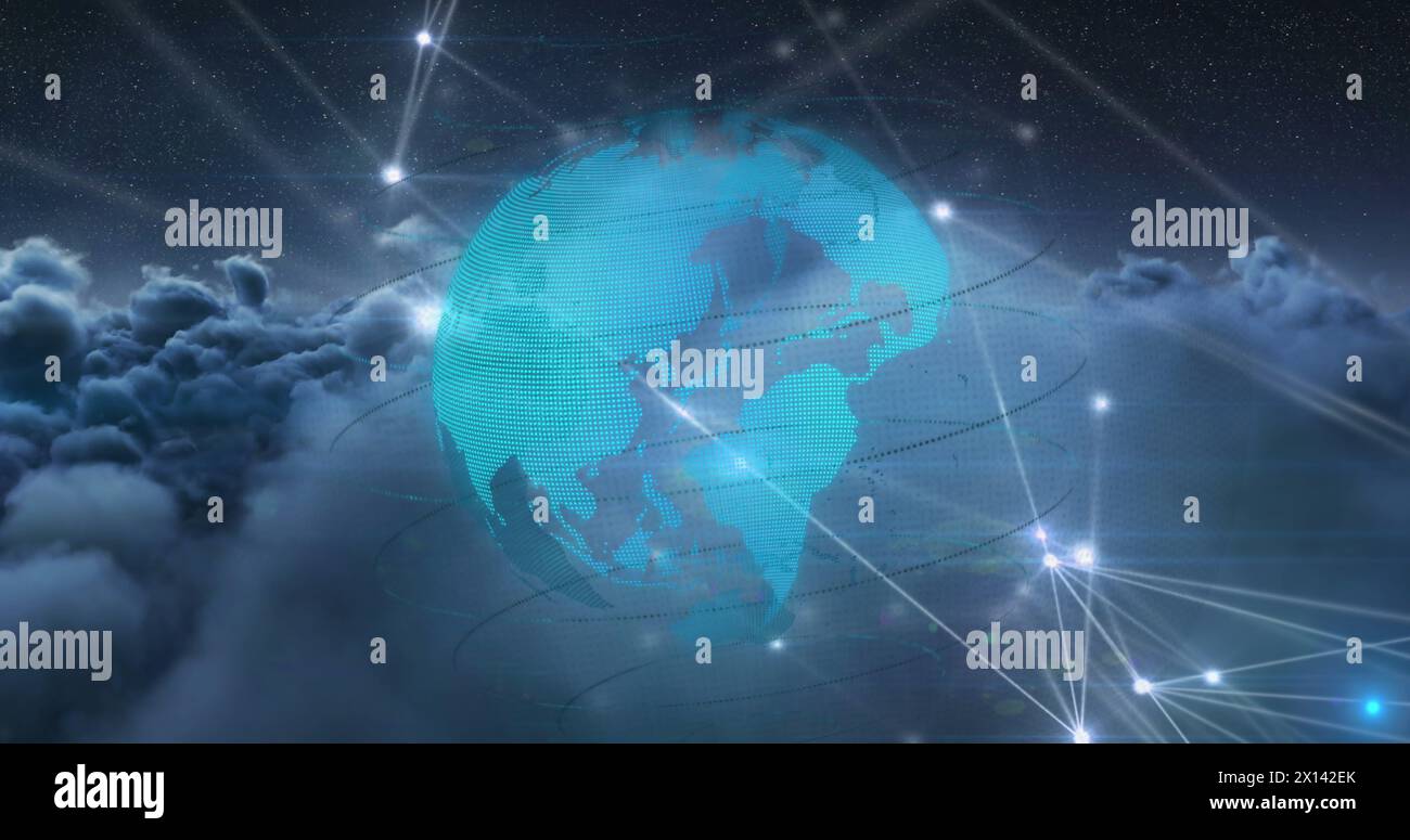 Image of network of connections with globe over sky with clouds Stock ...