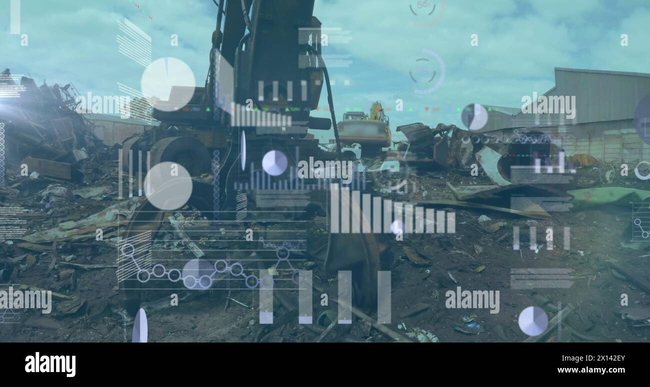 Image of graphs and charts processing data over industrial construction ...