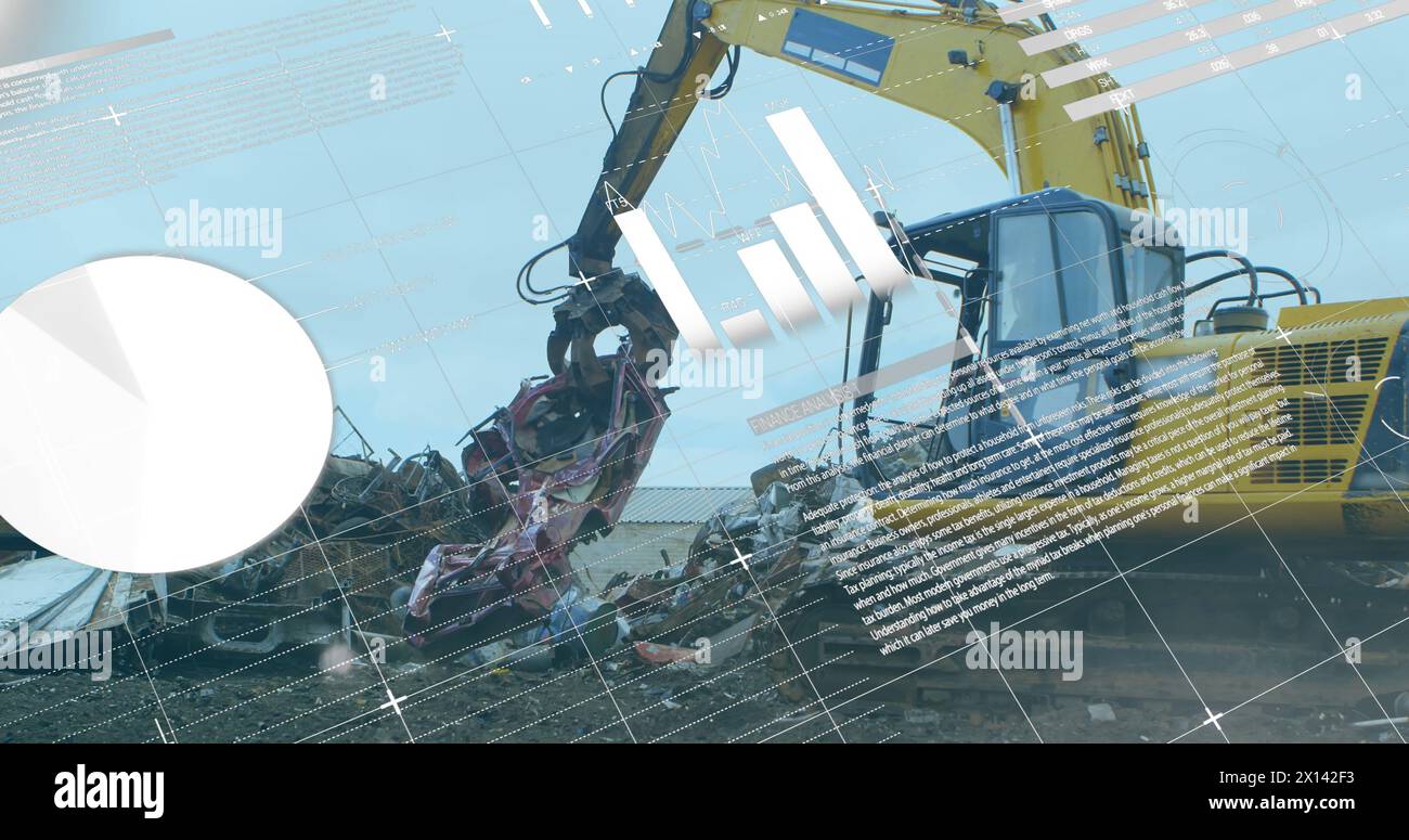 Image of statistics and data processing over vehicle in scrap yard ...