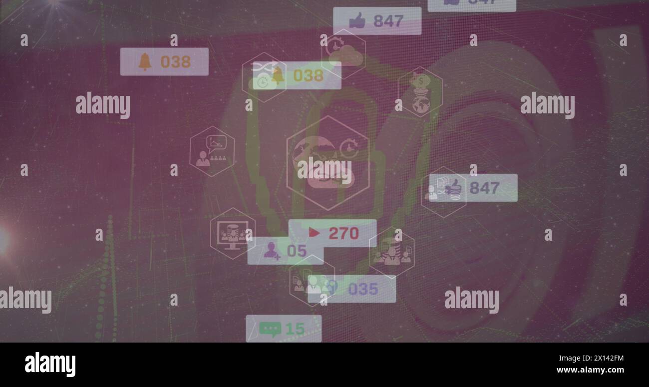 Image of social media notifications and padlock with interference over ...