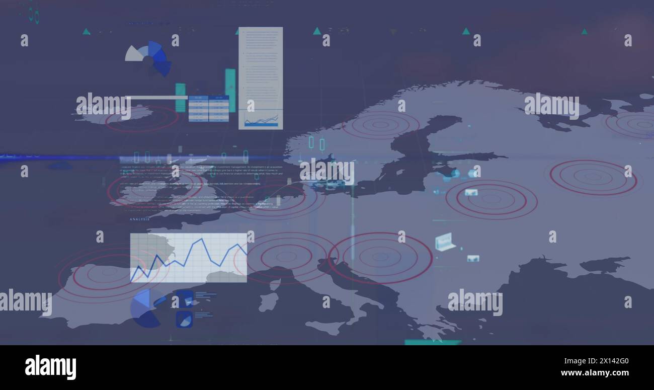 Image of graphs and charts processing data over world map on black background Stock Photo - Alamy