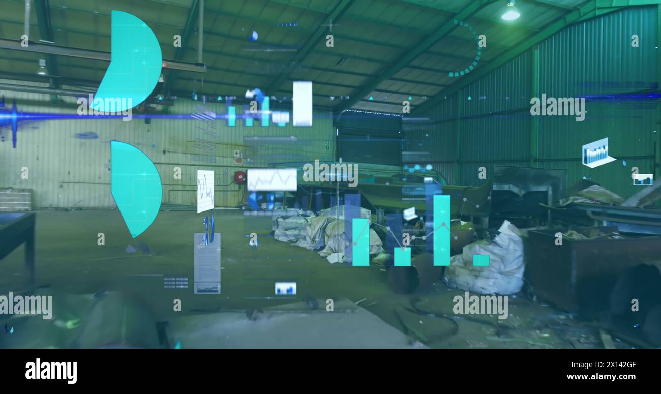 Image of data processing on graphs and charts over industrial factory ...