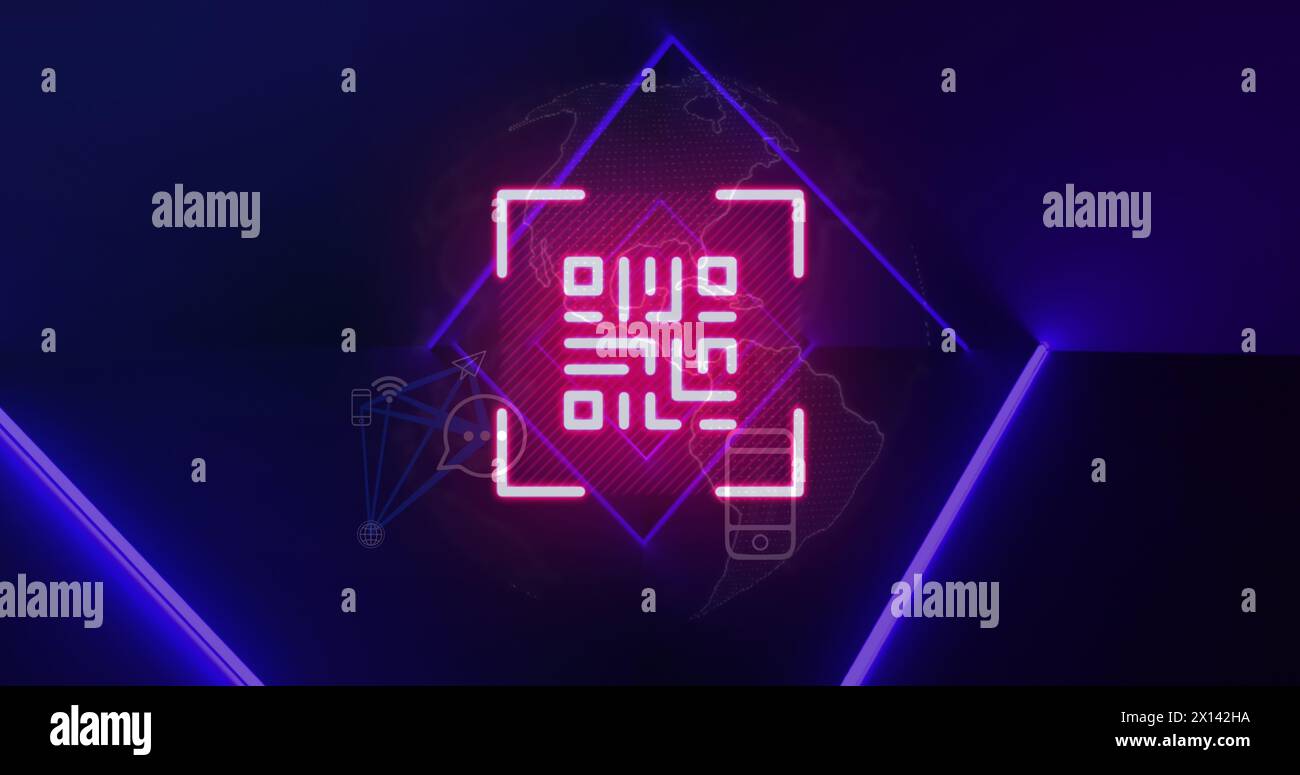 Image of pink neon qr code, blue neon lights and connected media icons ...