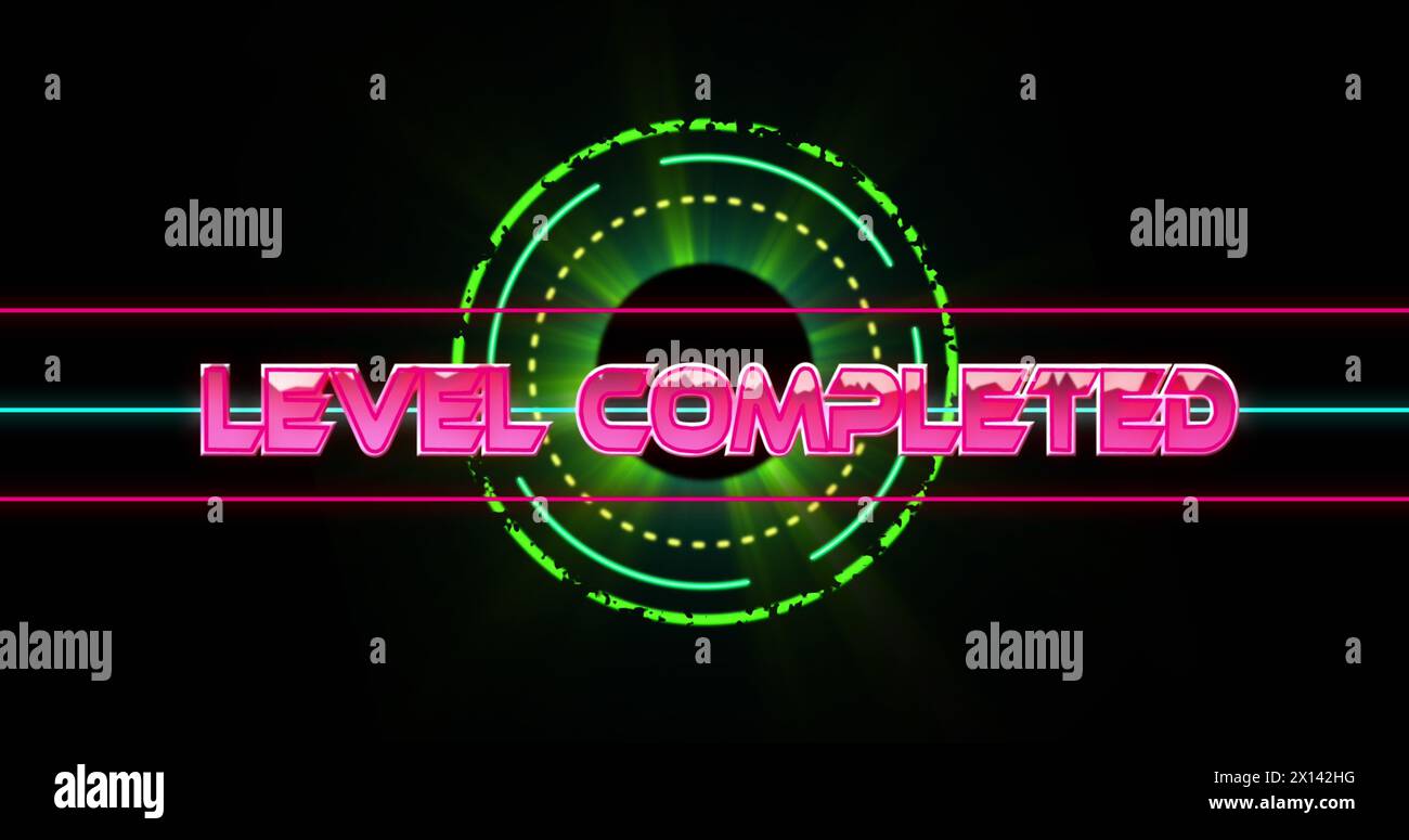 Image of level completed text over green circles Stock Photo - Alamy
