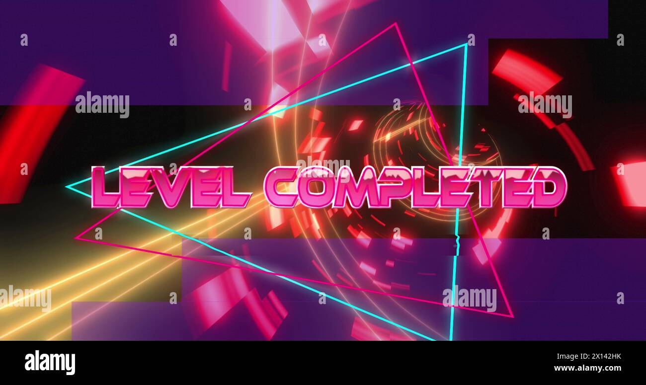 Image of level completed text over neon tunnel. Social media ...