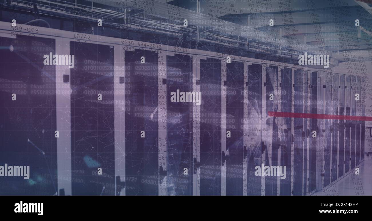 Image of network of connections and data processing over server room Stock Photo - Alamy