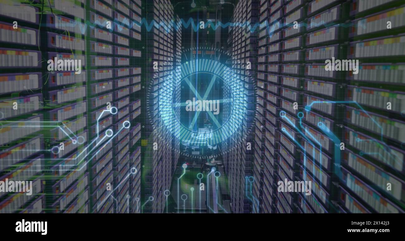 Image Of Neon Round Scanner And Microprocessor Connections Against Empty Computer Server Room