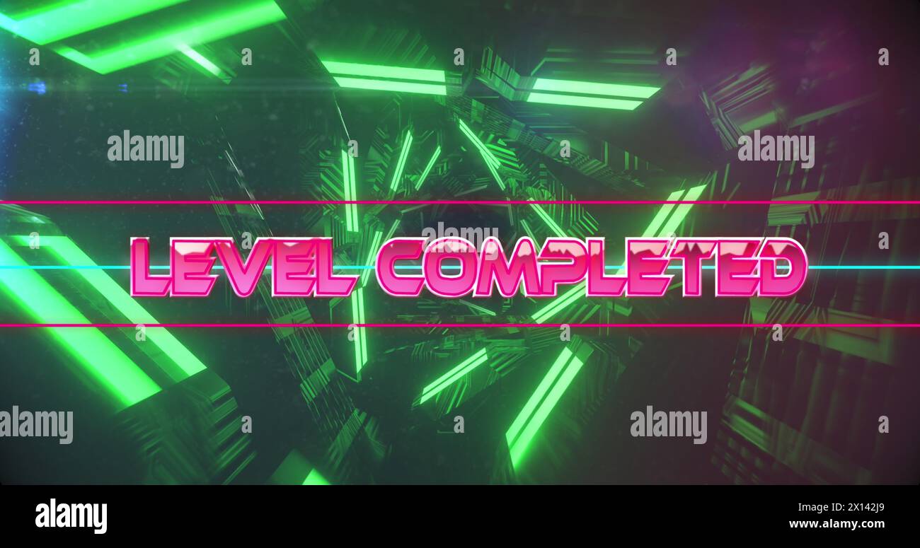 Image of level completed text over neon tunnel Stock Photo - Alamy