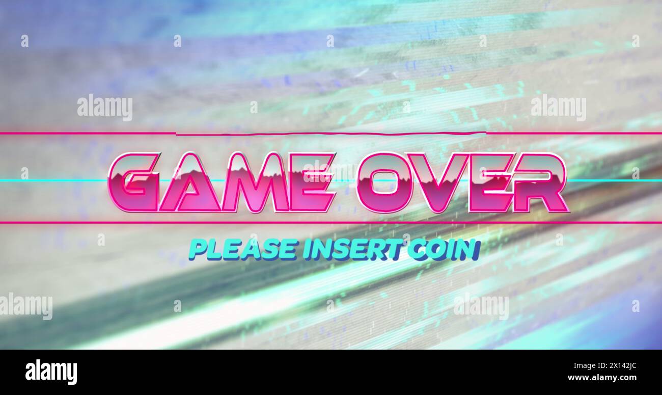Image of game over please insert coin text over light trails and ...