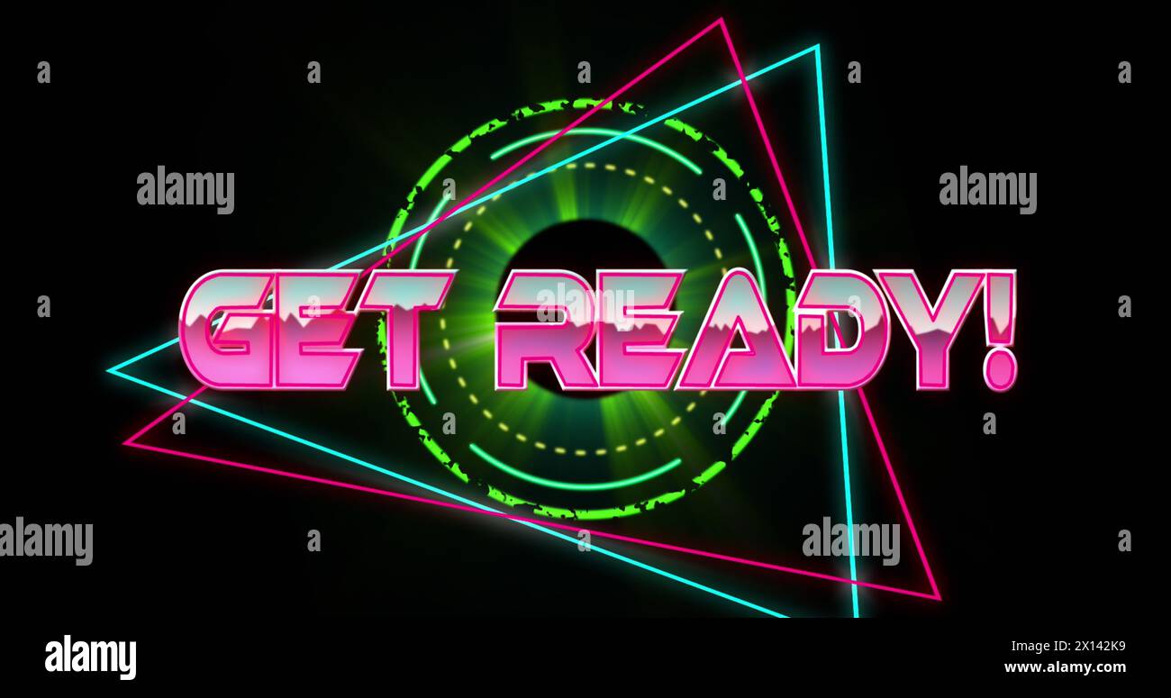 Image of get ready over neon shapes on black background Stock Photo - Alamy