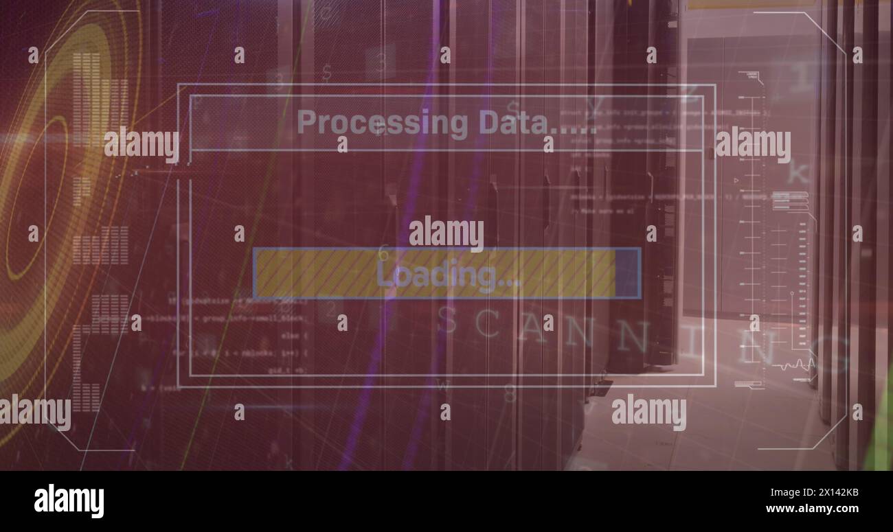 Image Of Cyber Security Data Processing And Light Trails Against Empty Computer Server Room