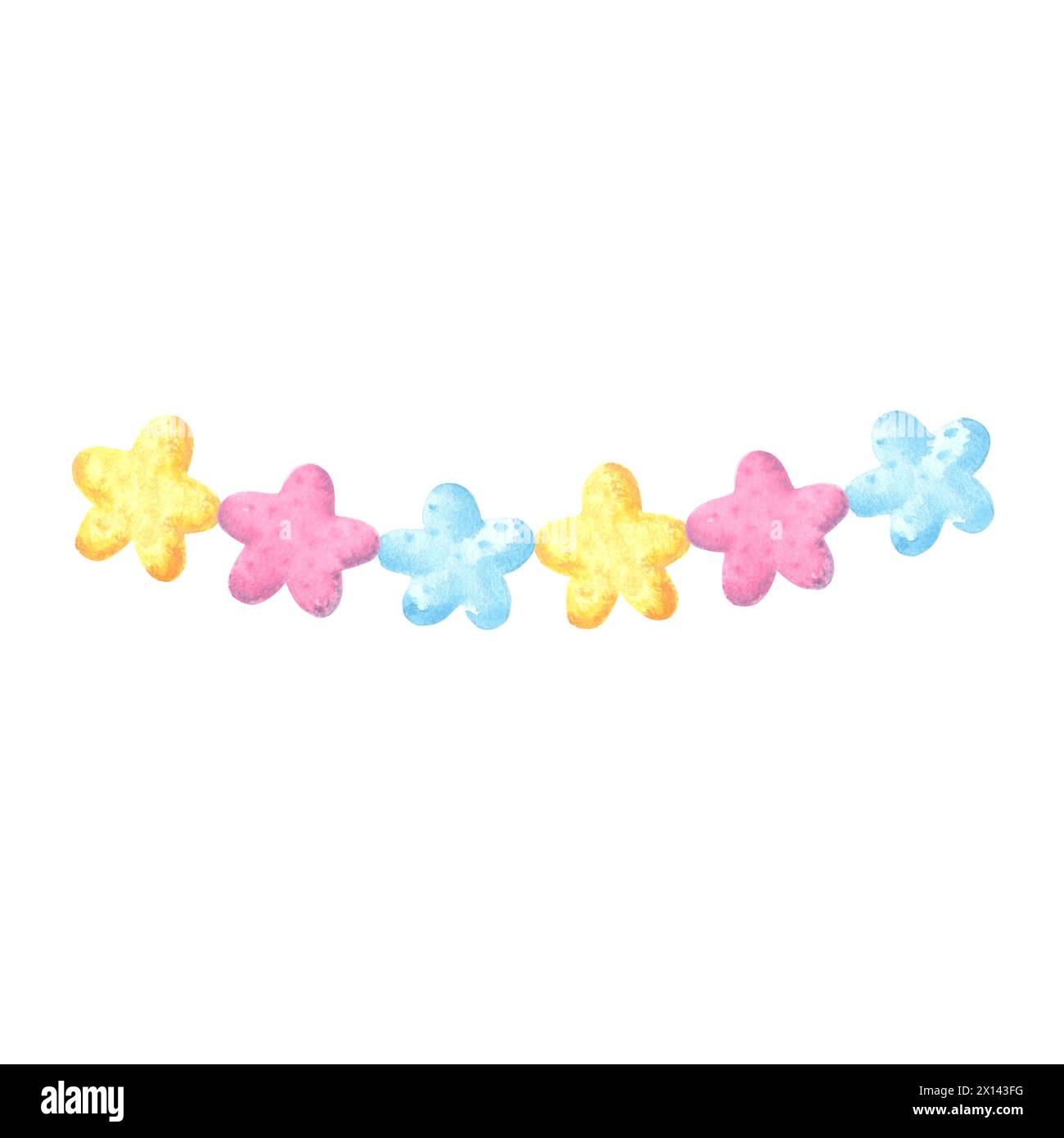 Hanging garland of stars blue yellow pink. Watercolor hand drawn ...