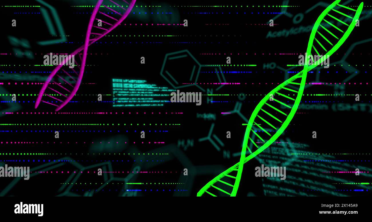 Image of dna strands with data processing over chemical structures Stock Photo - Alamy
