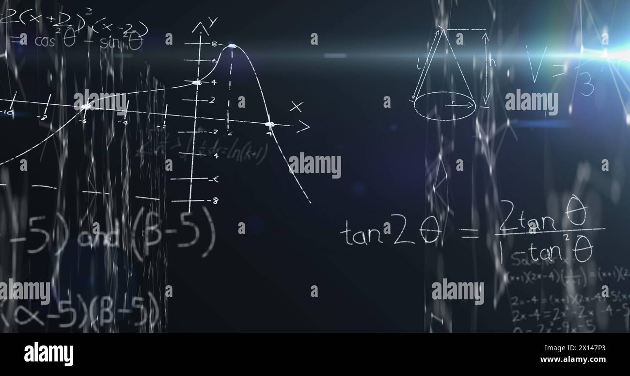 Image of mathematical equations over network of connections on black ...