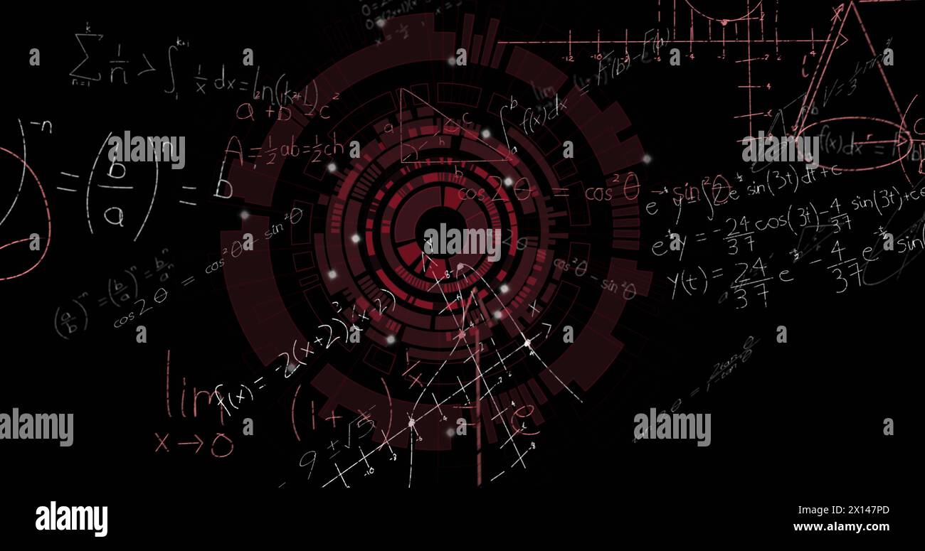 Image of mathematical equations over scope scanning on black background ...