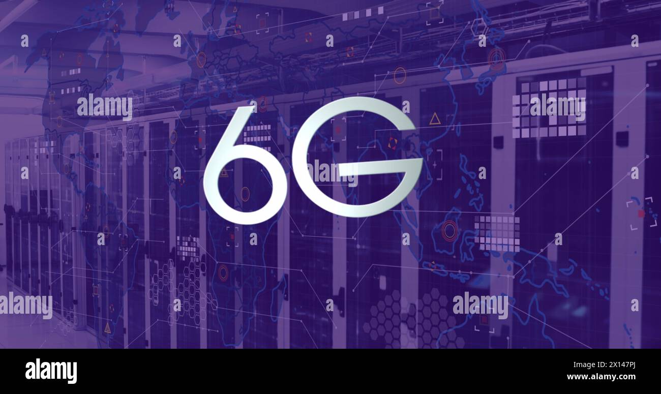 Image of 6g text and world map with data processing over server room ...