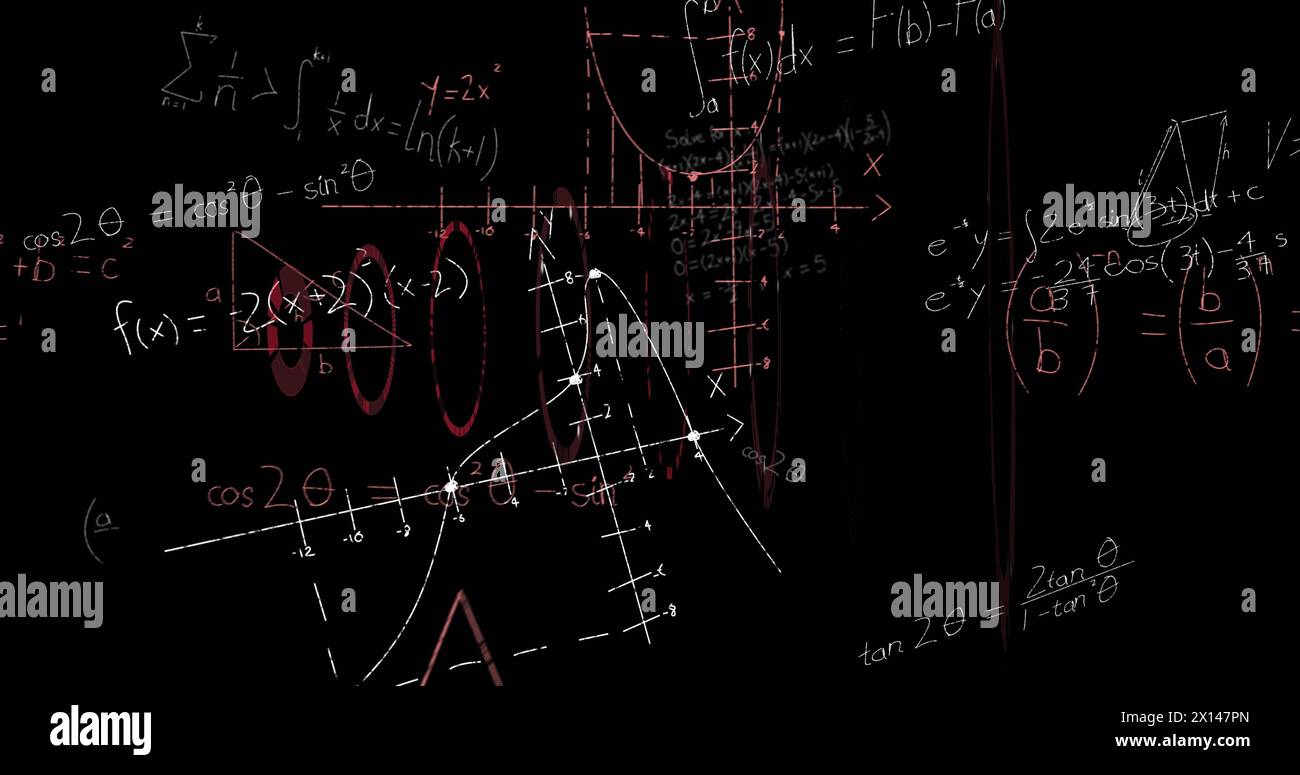 Image of mathematical equations over scope scanning on black background ...