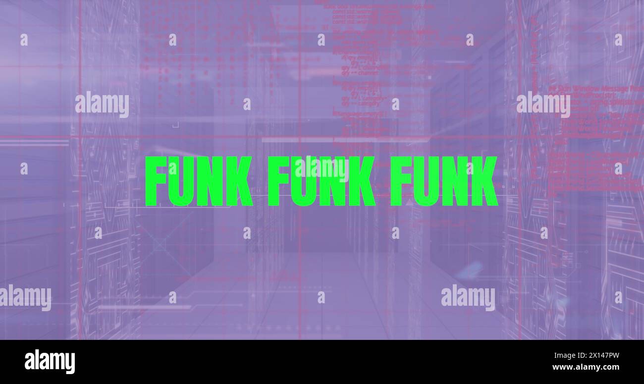 Image of funk text and data processing over server room Stock Photo - Alamy