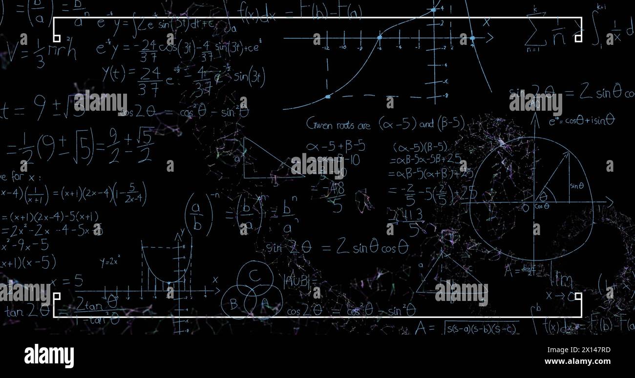 Image of mathematical equations over network of connections on black ...