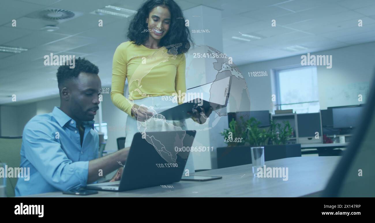 Image of globe over diverse business people in office Stock Photo - Alamy