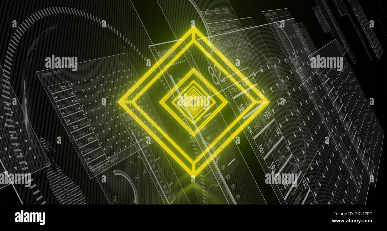 Image of neon yellow tunnel in seamless pattern over screens with data processing Stock Photo ...