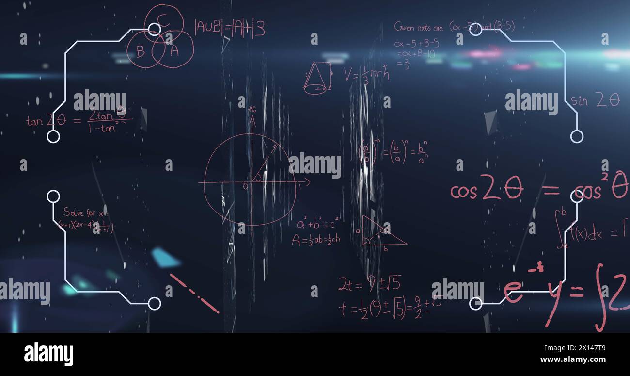 Image of mathematical equations and shapes over network of connections ...