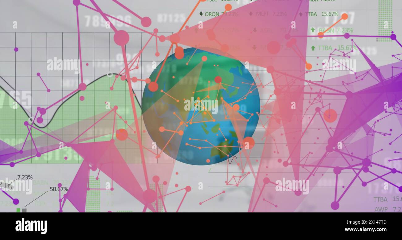 Image of network of connections over data processing and globe on white ...