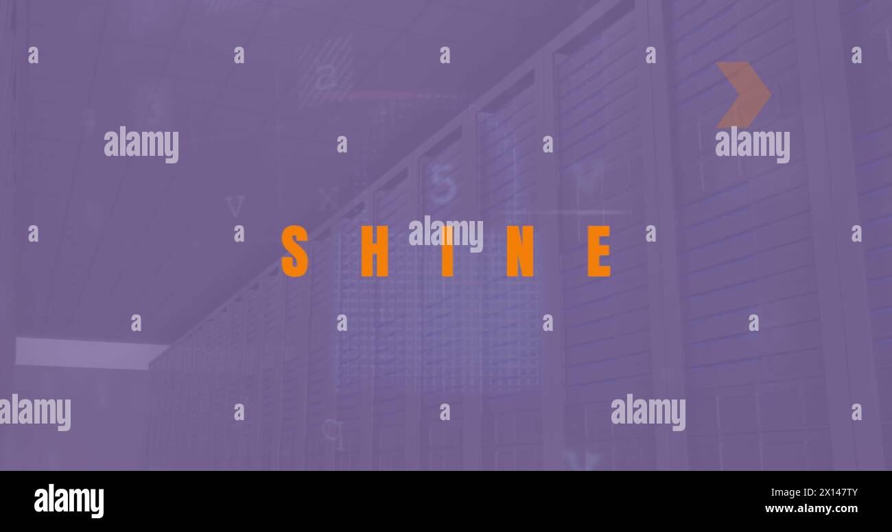 Image of shine text and data processing over server room. Global technology, social media and ...