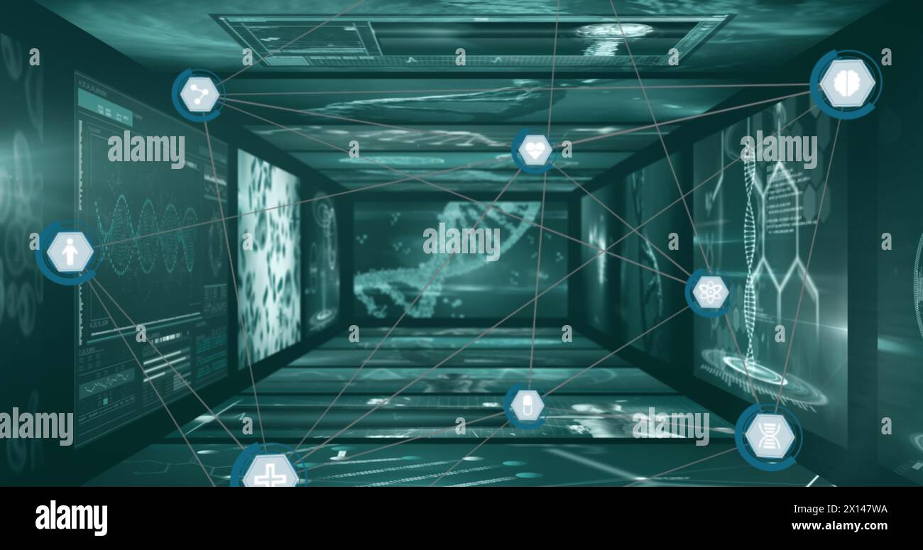 Image of icons in hexagons connected by lines over infographic ...