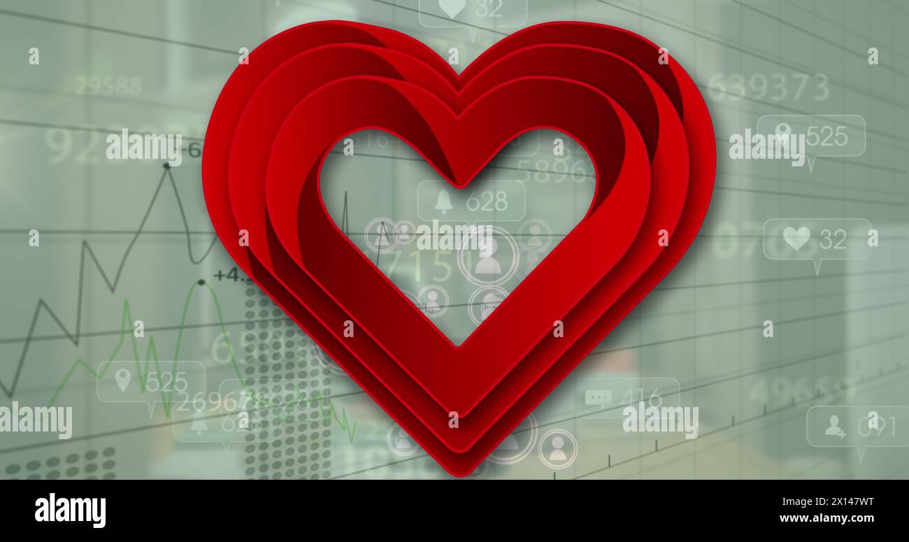 Image of hearts over data processing and icons Stock Photo - Alamy