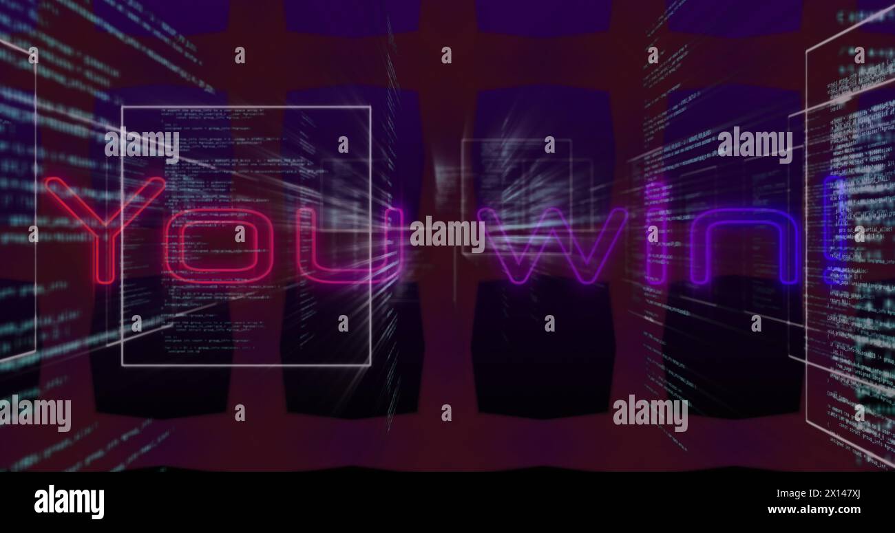 Image of you win text banner over screens with data processing against ...