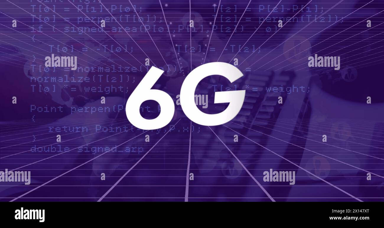 Image of 6g text with data processing over hands typing on keyboard Stock Photo - Alamy