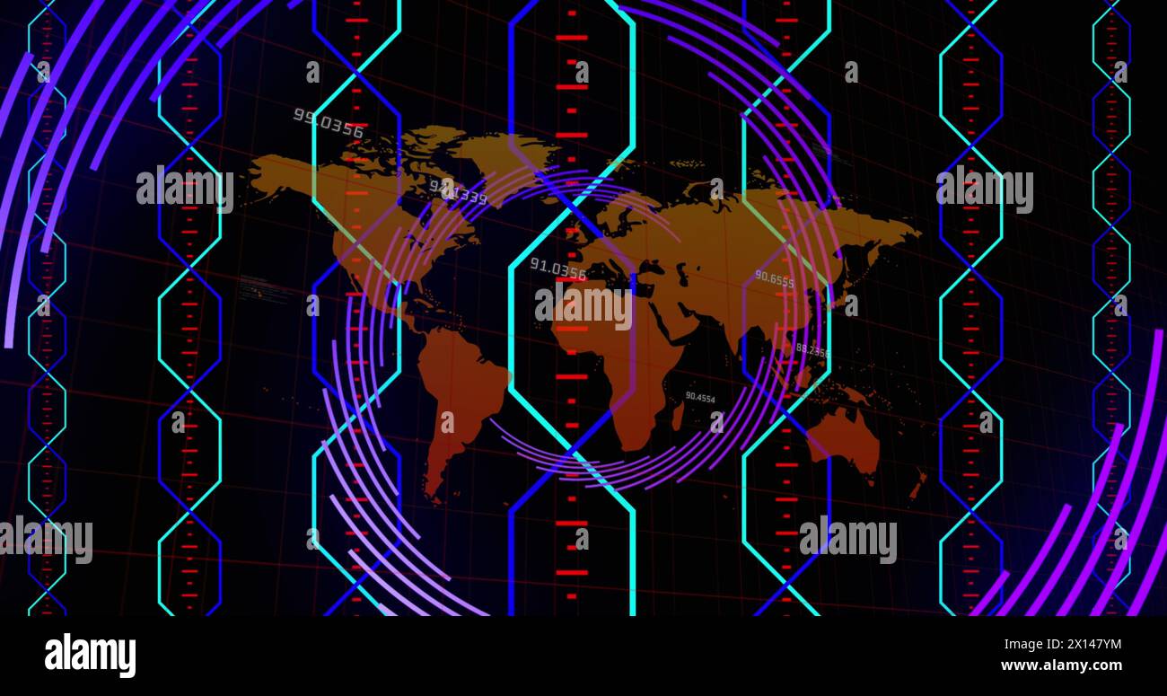 Image of abstract shapes and light trails spinning over world map ...