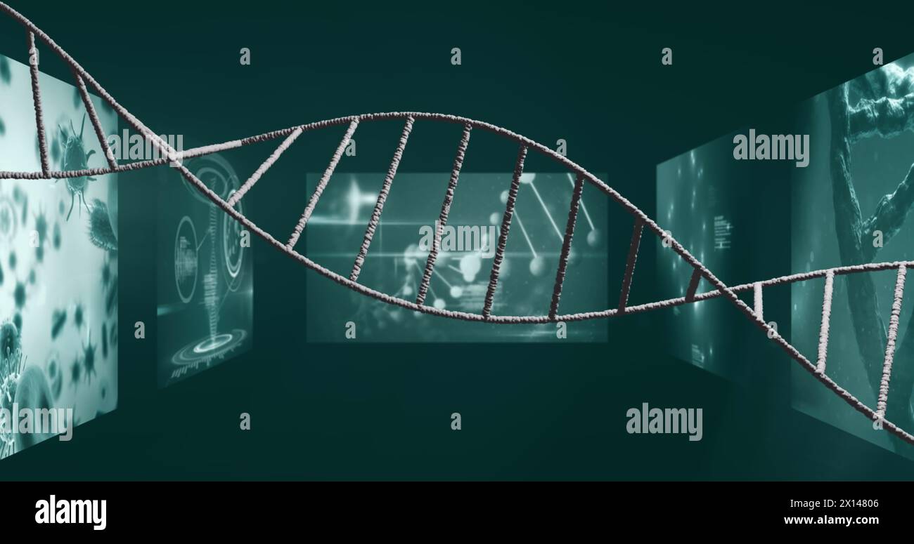 The image features a macro 3d grey dna strand spinning rapidly on a ...