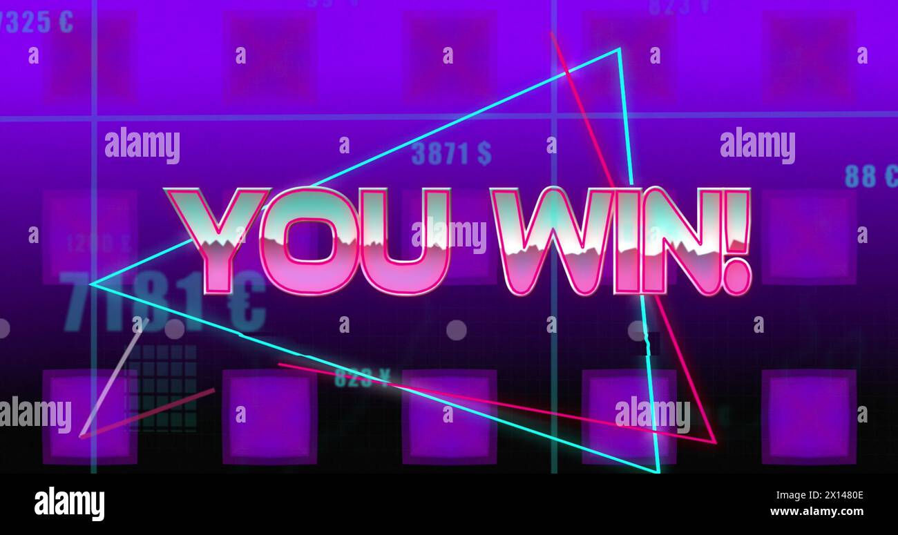 Image of you win text banner and statistical data processing against ...